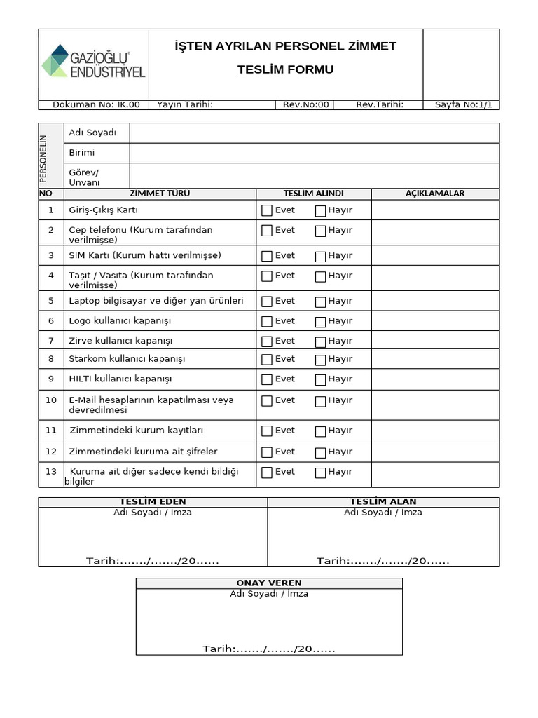 İşten Ayrılan Personel Zimmet Teslim Formu | PDF