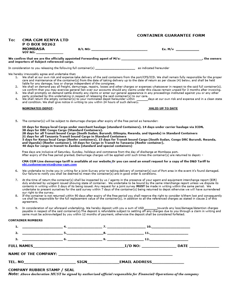 Container Guarantee Form - v.1 - 2023 | PDF | Private Law