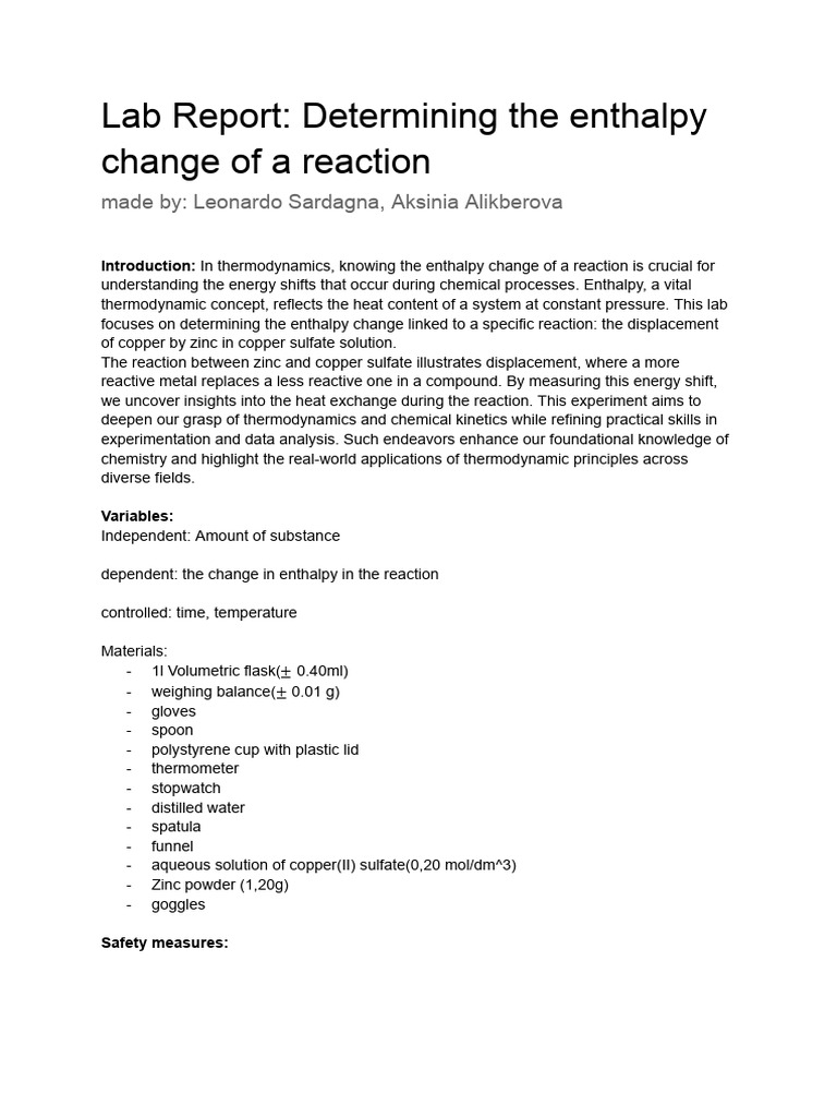 Lab Report - Determining The Enthalpy Change of A Reaction | PDF ...