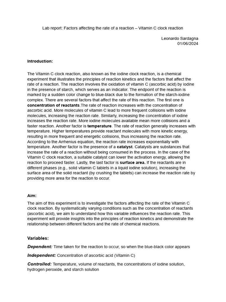Lab Report - Factors Affecting The Rate of A Reaction - Vitamin C Clock ...