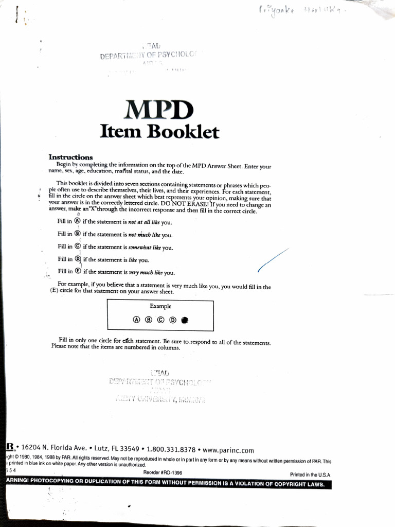 MPD Booklet, Profile Sheet, Answer Sheet, Scoring Sheet | PDF ...