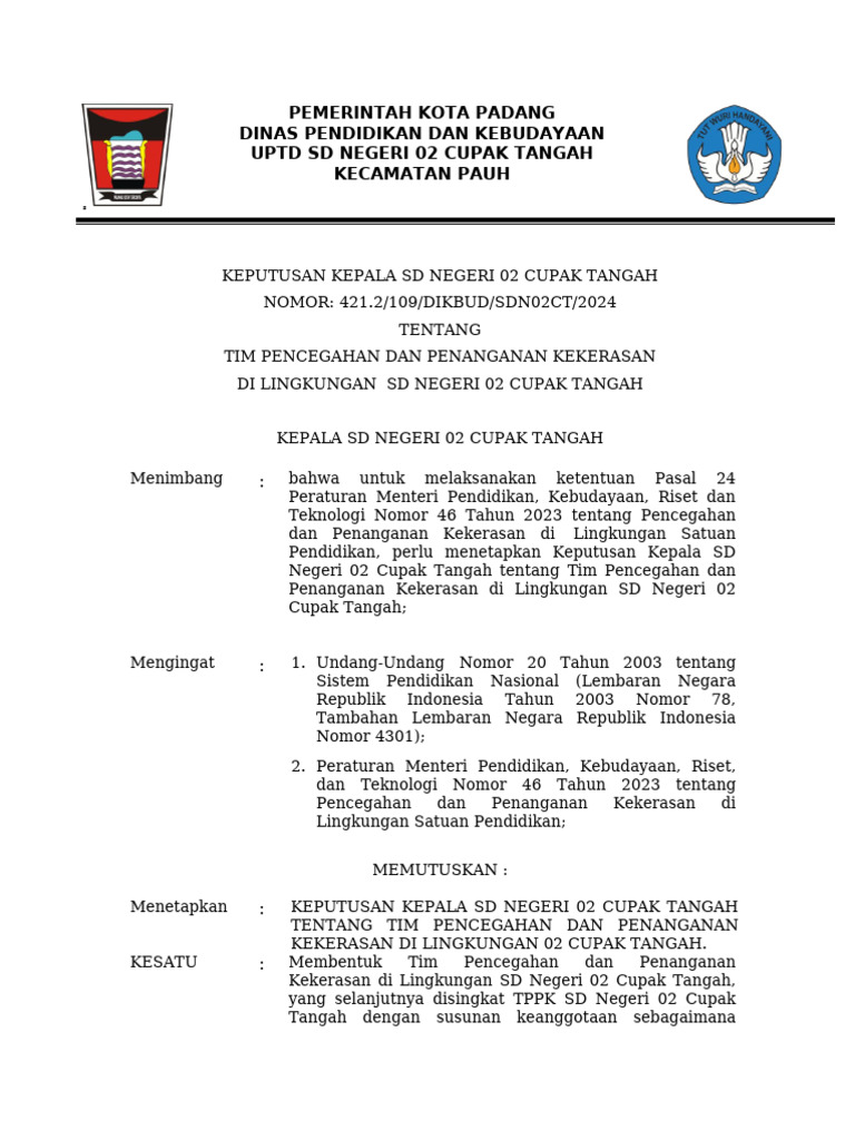 Lampiran 2 - Contoh SK Kepala Satuan Pendidikan Pembentukan TPPK (File ...