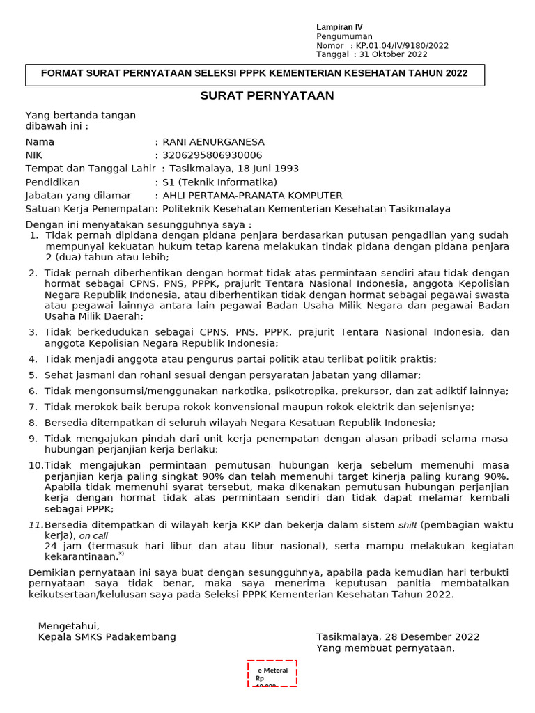 4 Lampiran IV Surat Pernyataan PPPK | PDF