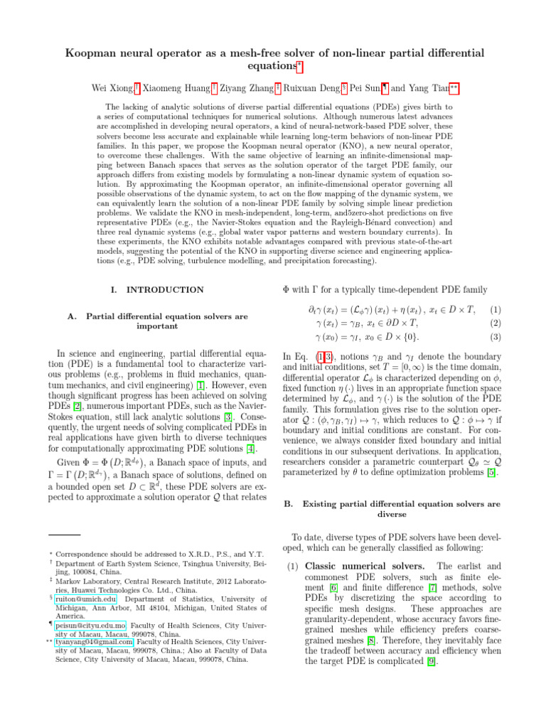 Koopman Neural Operator As A Mesh-Free Solver of Non-Linear Partial Differential Equations | PDF ...
