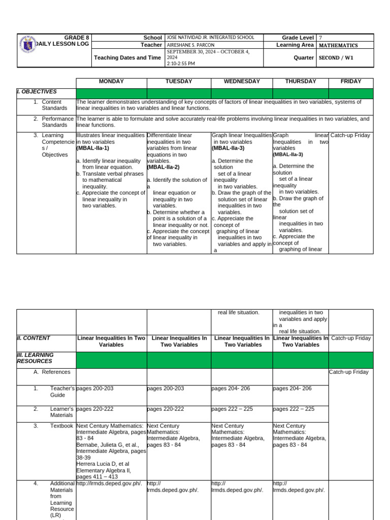 Week 1 Q2 Math 8 | PDF | Variable (Mathematics) | Equations