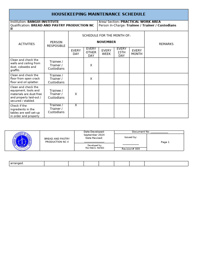 Monthly Housekeeping Schedule for Baking | PDF | Food And Drink ...