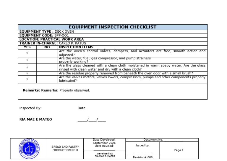 Equipment Inspection Checklist | PDF