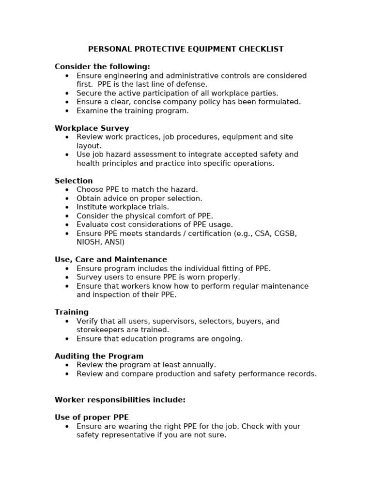 Personal Protective Equipment Checklist Sample 1 | PDF