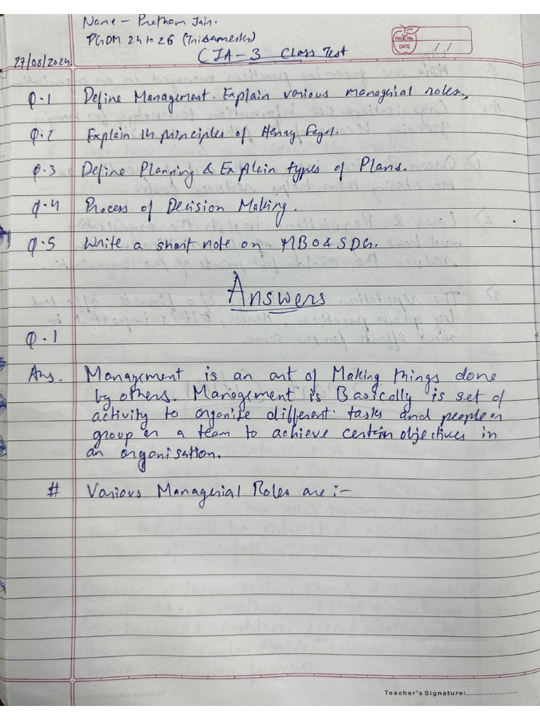 Pratham Jain Class Test (CIA 3) POM | PDF