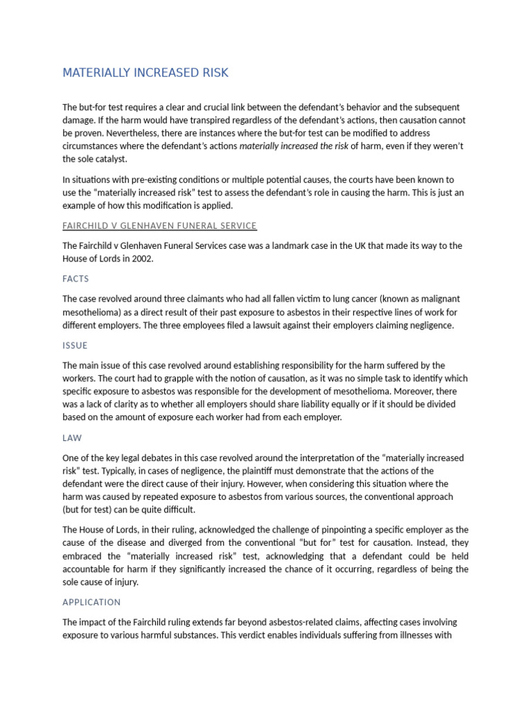 Fairchild Case: Materially Increased Risk | PDF | Negligence ...