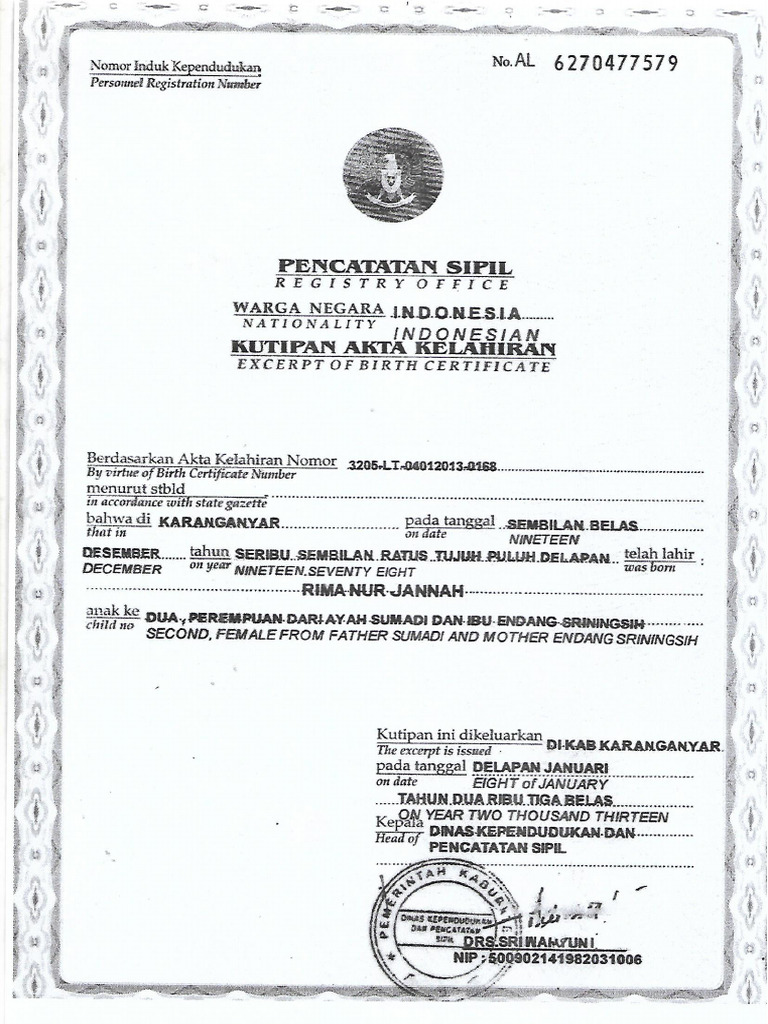 Akta Kelahiran Rima Nur Jannah | PDF