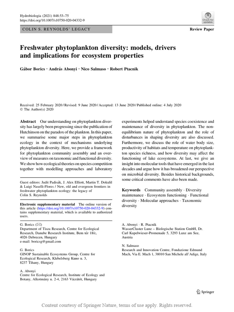 Freshwater Phytoplankton Diversity Models Drivers | PDF | Ecology ...