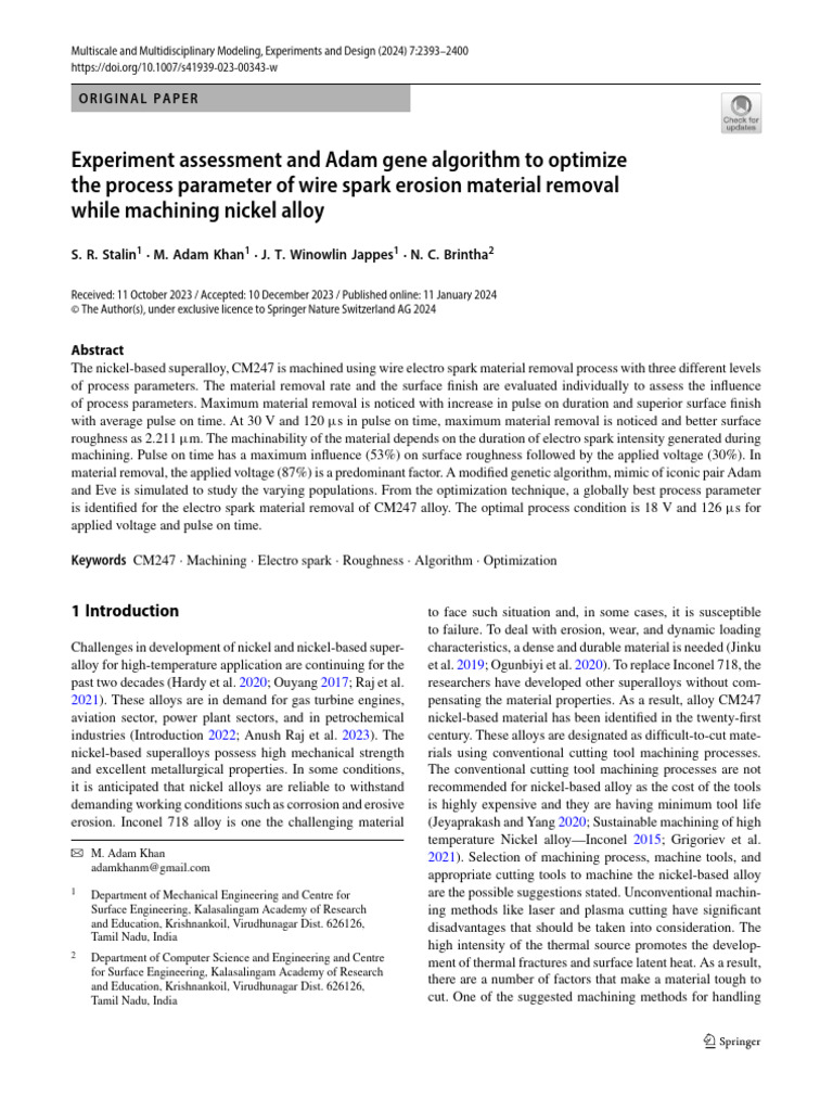 Experiment Assessment and Adam Gene Algorithm To Optimize The Process Parameter of Wire Spark ...