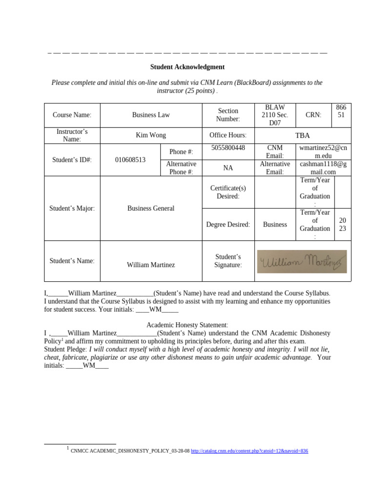 Student Acknowledgment | PDF | Academic Dishonesty | Ignorance