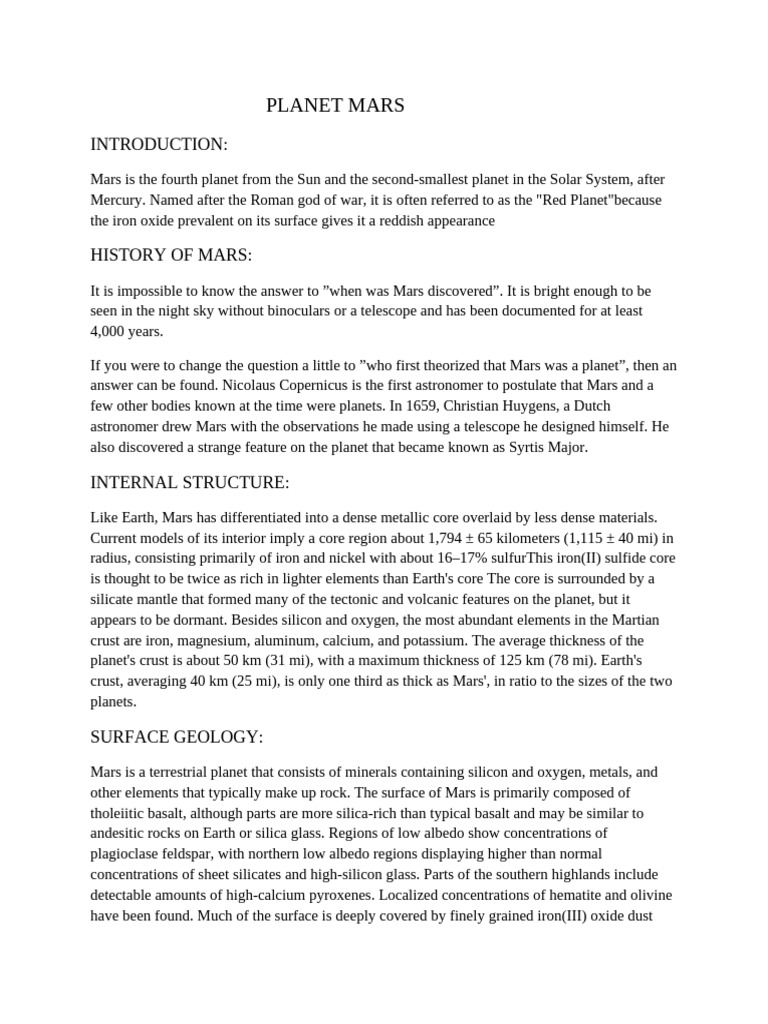 PLANET MARS | PDF | Mars | Exploration Of Mars