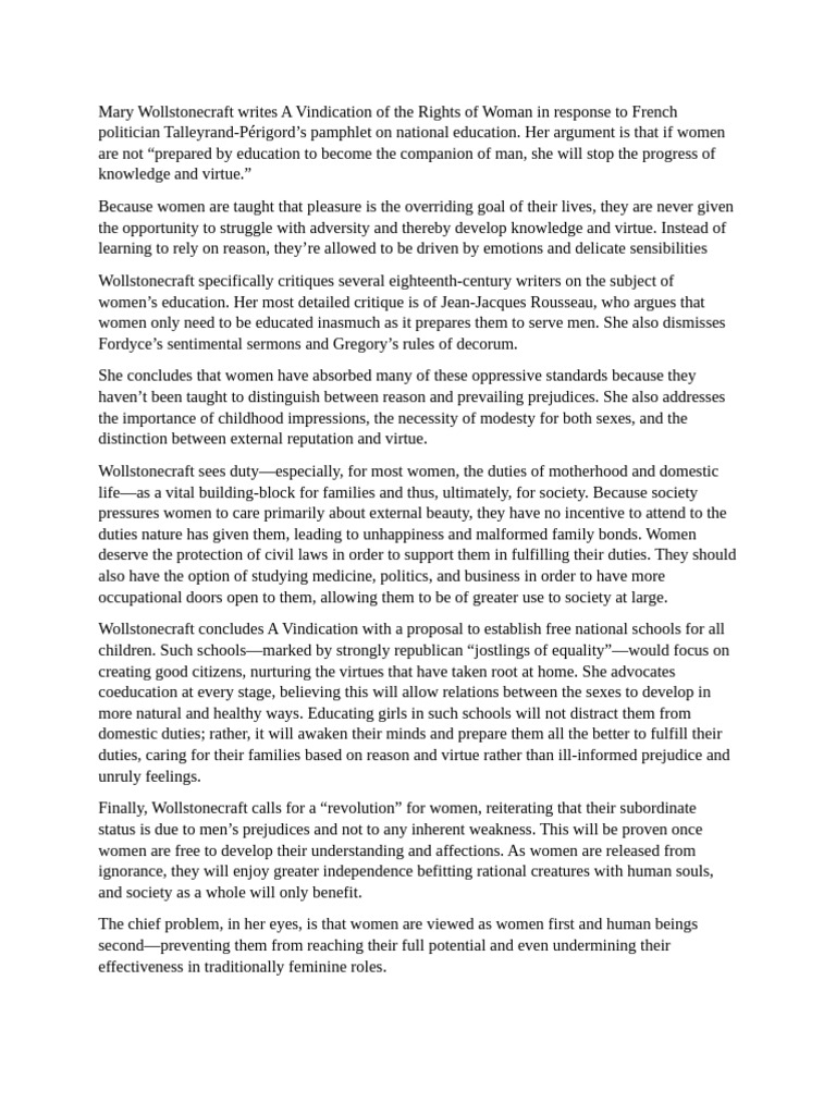 Wollstonecraft's Case for Women's Education | PDF | A Vindication Of ...