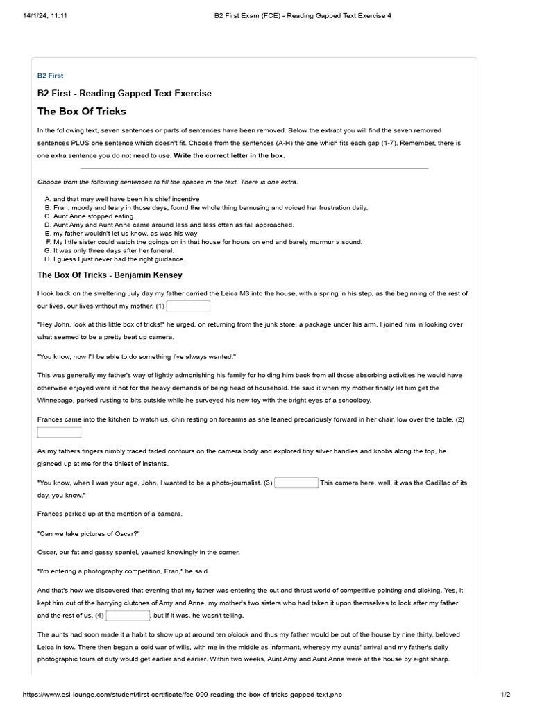 B2 First Exam (FCE) - Reading Gapped Text Exercise 4 + Results | PDF
