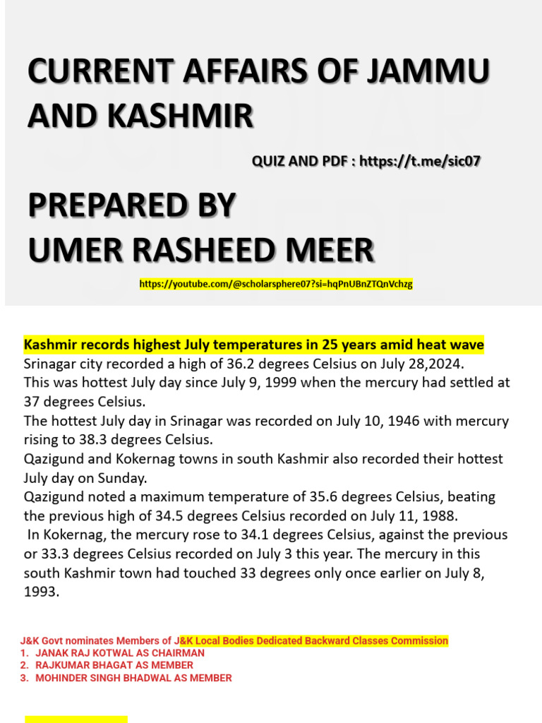 Current Affairs J&K July 2024 by Umer Rasheed Meer | PDF