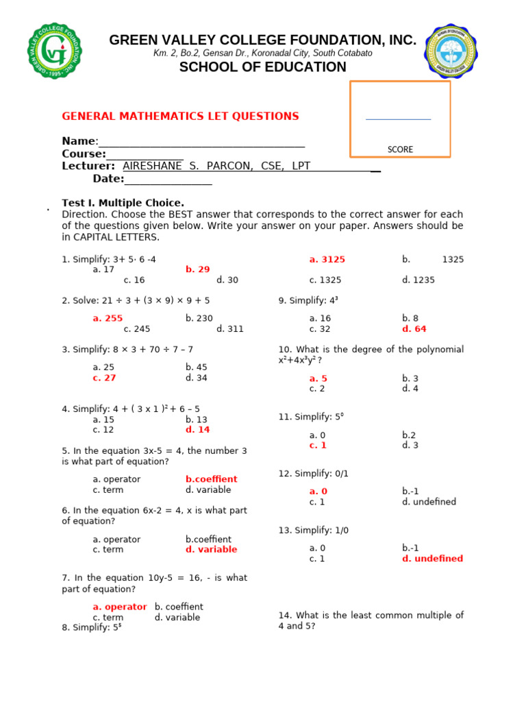 GEN-ED-MATH-50-QUESTIONS-WITH-ANSWER-KEY-Parcon | PDF | Area | Equations