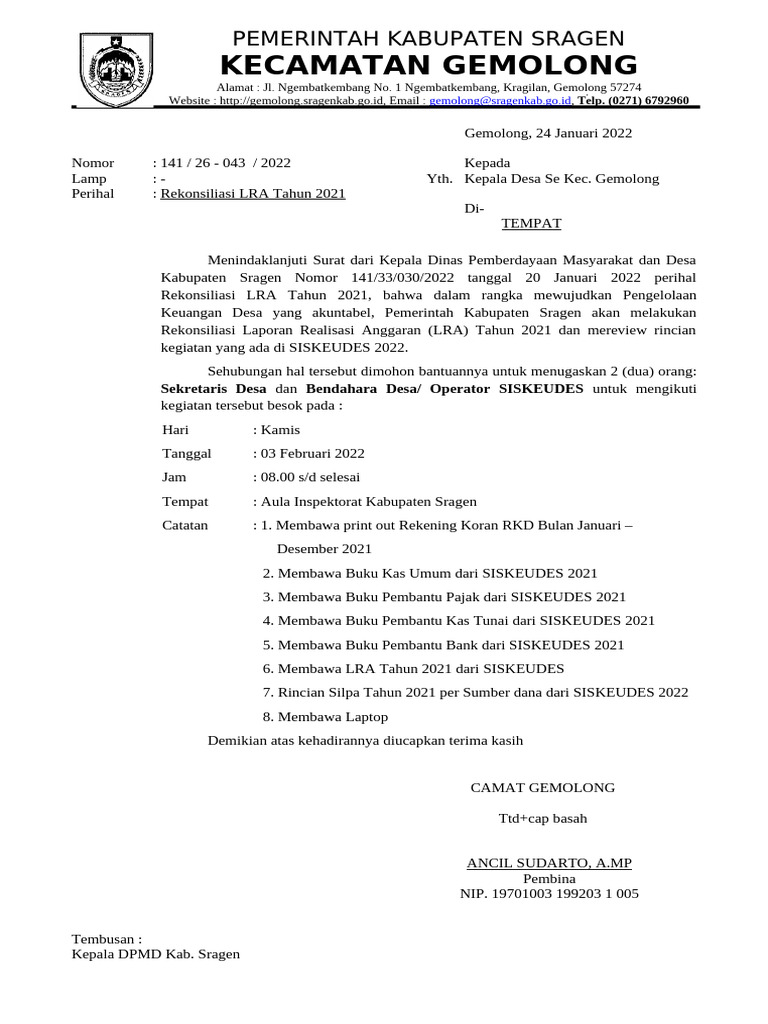 Undangan Rekonsiliasi Lra Tahun 2021 - 073925012022 | PDF