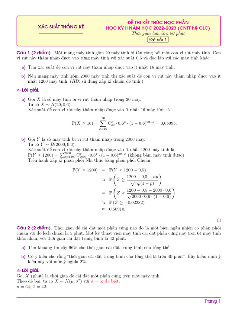 Đề Thi XSTK Các Năm Về Trước - DA (02!06!2023) | PDF