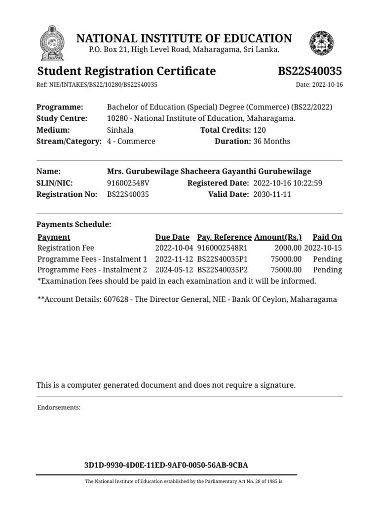 Student Registration Certificate - B.Ed. Commerce | PDF