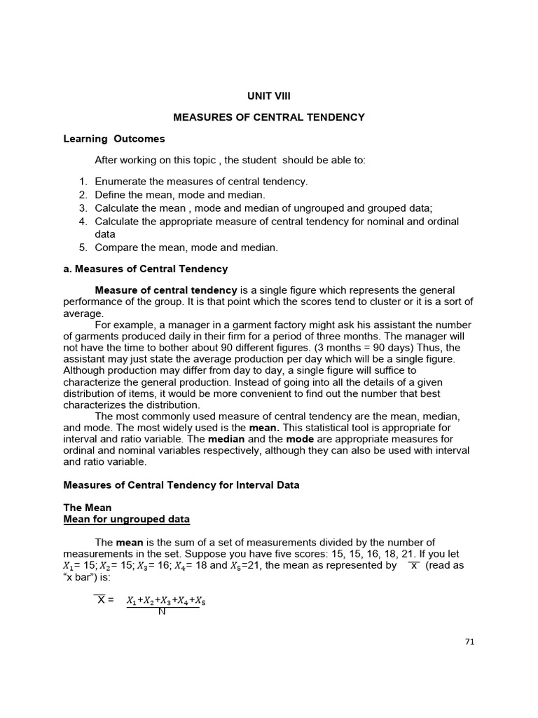Unit VIII Measures of Central Tendency | PDF | Mode (Statistics ...