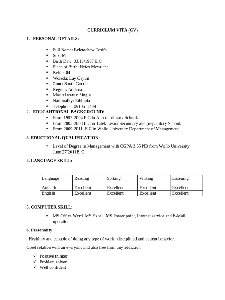 Curriclum Vita (CV 1. Personal Details | PDF | Business