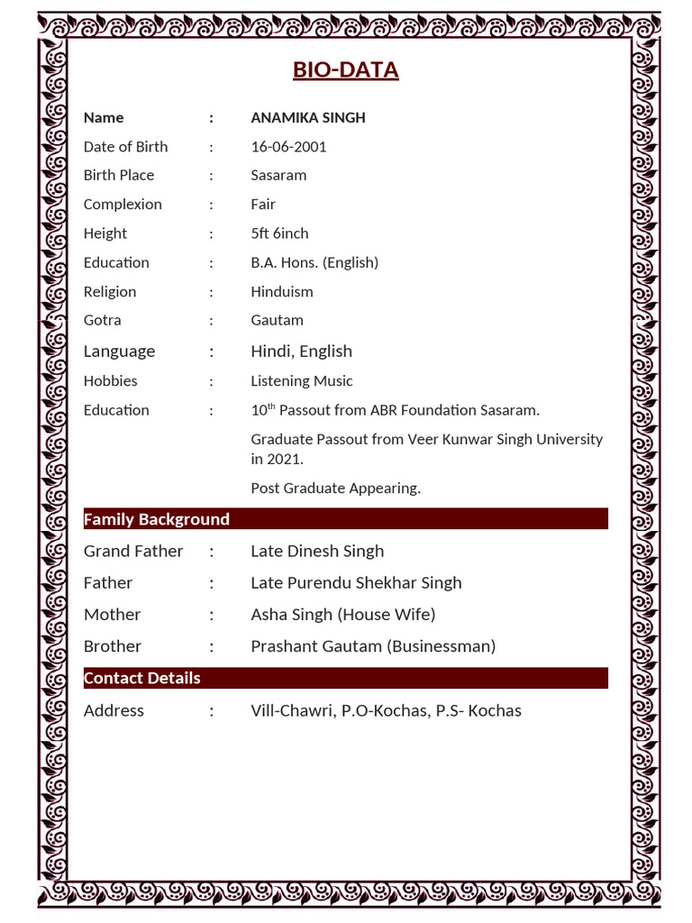 Biodata Format For Marriage For Girl | PDF | Sports & Recreation | Wellness