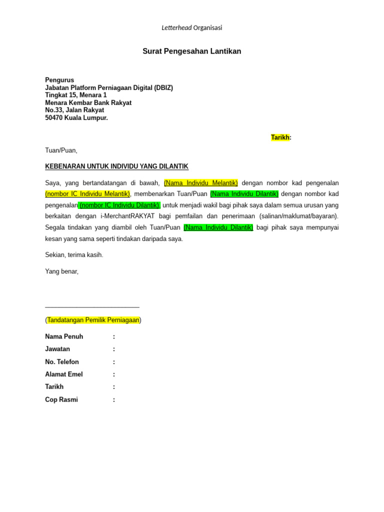 Lampiran 5 - Sample Surat Pengesahan Lantikan Pengurus iMR | PDF
