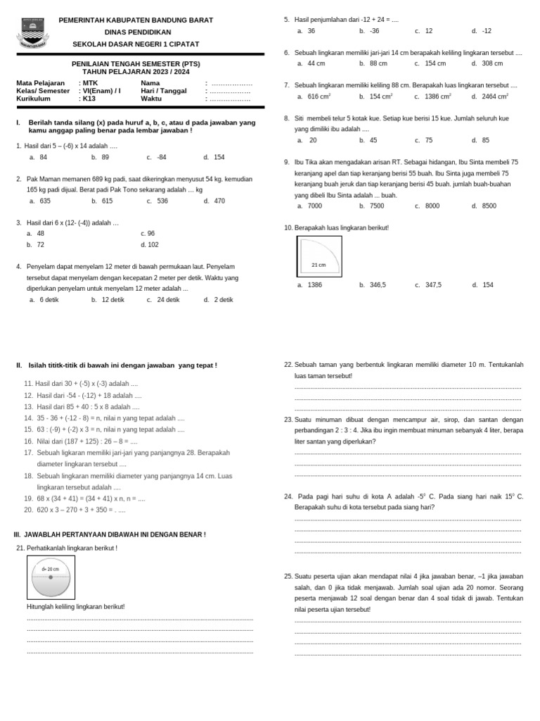 SOAL PTS MTK 6 | PDF