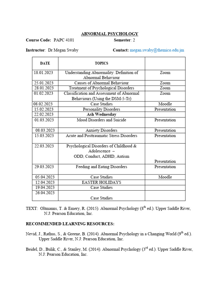 Abnormal Psychology Course Outline Students - 2023 | PDF | Dsm 5 ...