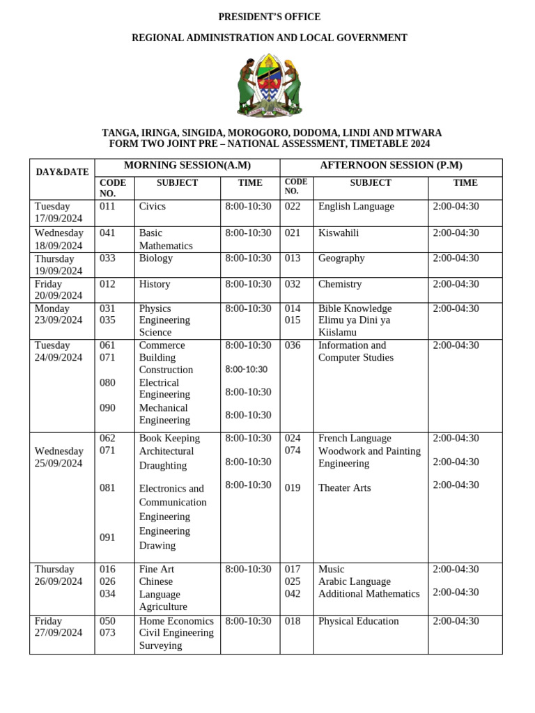 Form Two Pre-National Exam Timetable 2024 | PDF | Engineering | Science