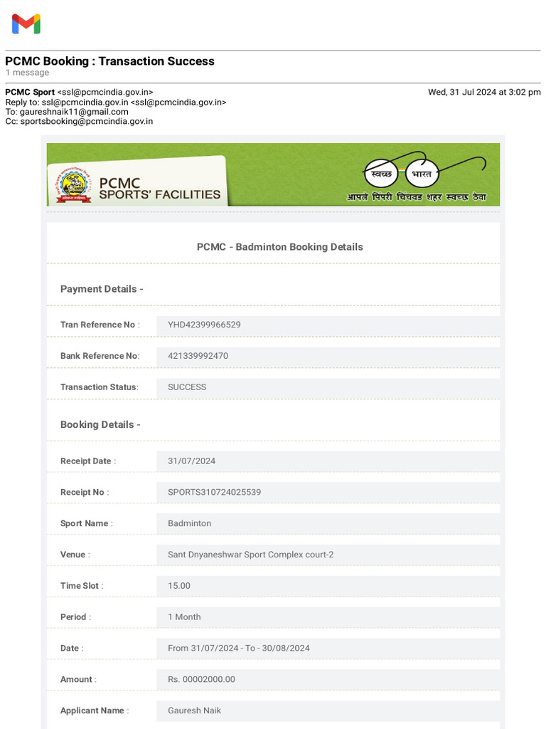 Gmail - PCMC Booking - Transaction Success | PDF