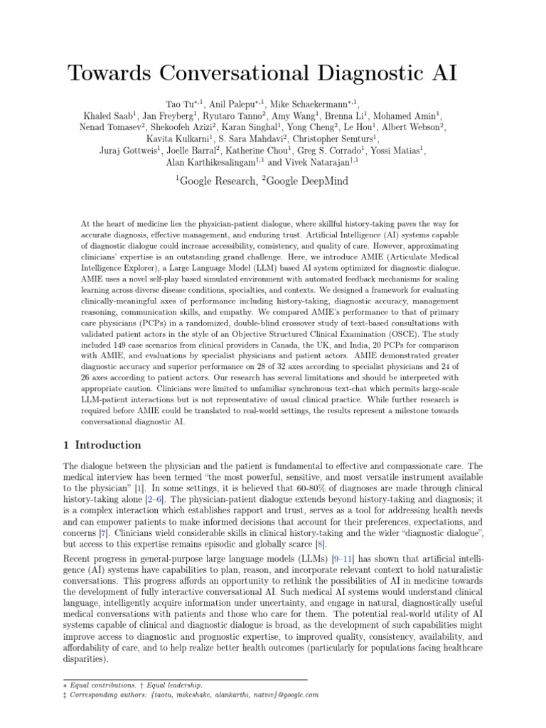Towards Conversational Diagnostic AI | PDF | Medical Diagnosis | Differential Diagnosis