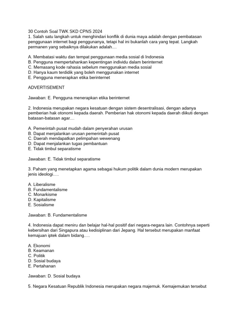 30 Contoh Soal TWK SKD Cpns 2024 | PDF | Politik