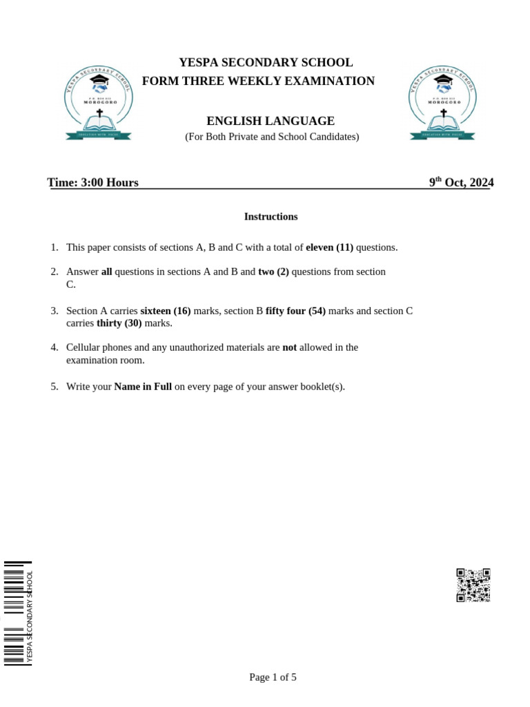 English Form 3 Weekly Test | PDF | Grammatical Gender | Pronoun