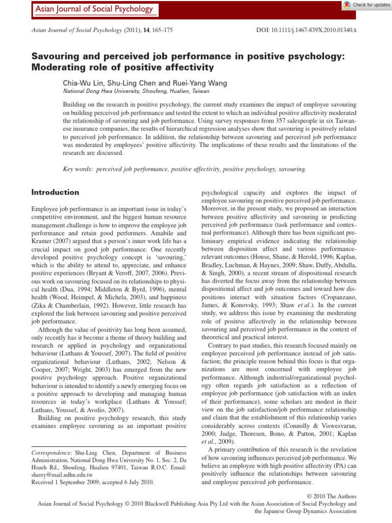 Savouring and Perceived Job Performance in Positive Psychology ...