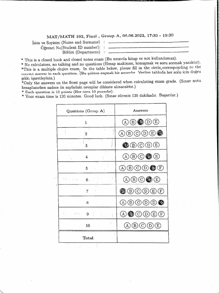 Math 102 2022 Final Exam Solutions | PDF