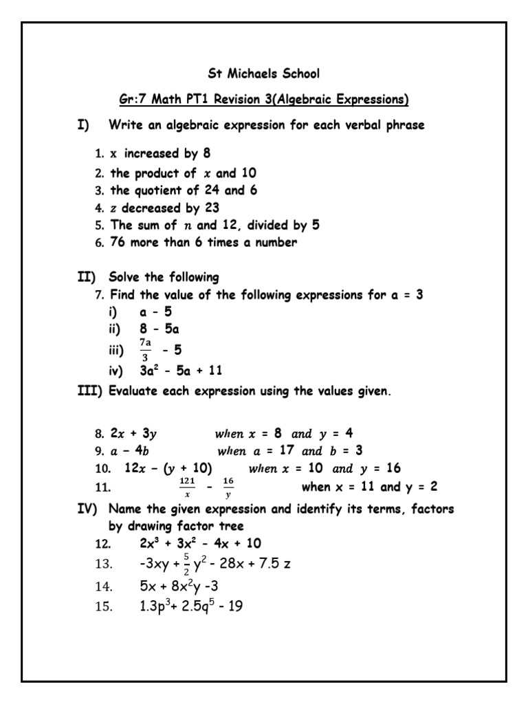 PT 1 Rev 3 - Algebraic Expressions | PDF