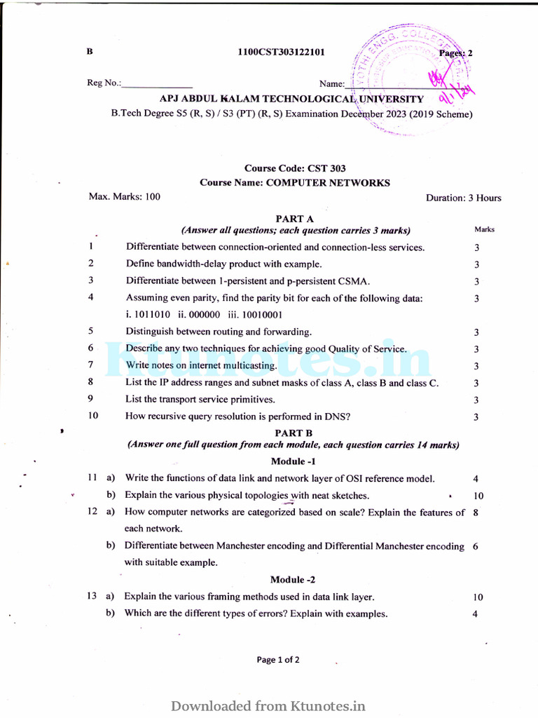 Cst303 Computer Networks, December 2023 | PDF | Computer Network | Transmission Control Protocol