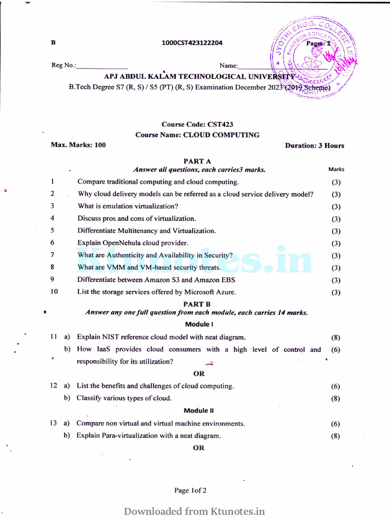 CST423 Cloud Computing Exam Questions | PDF | Cloud Computing | Virtualization