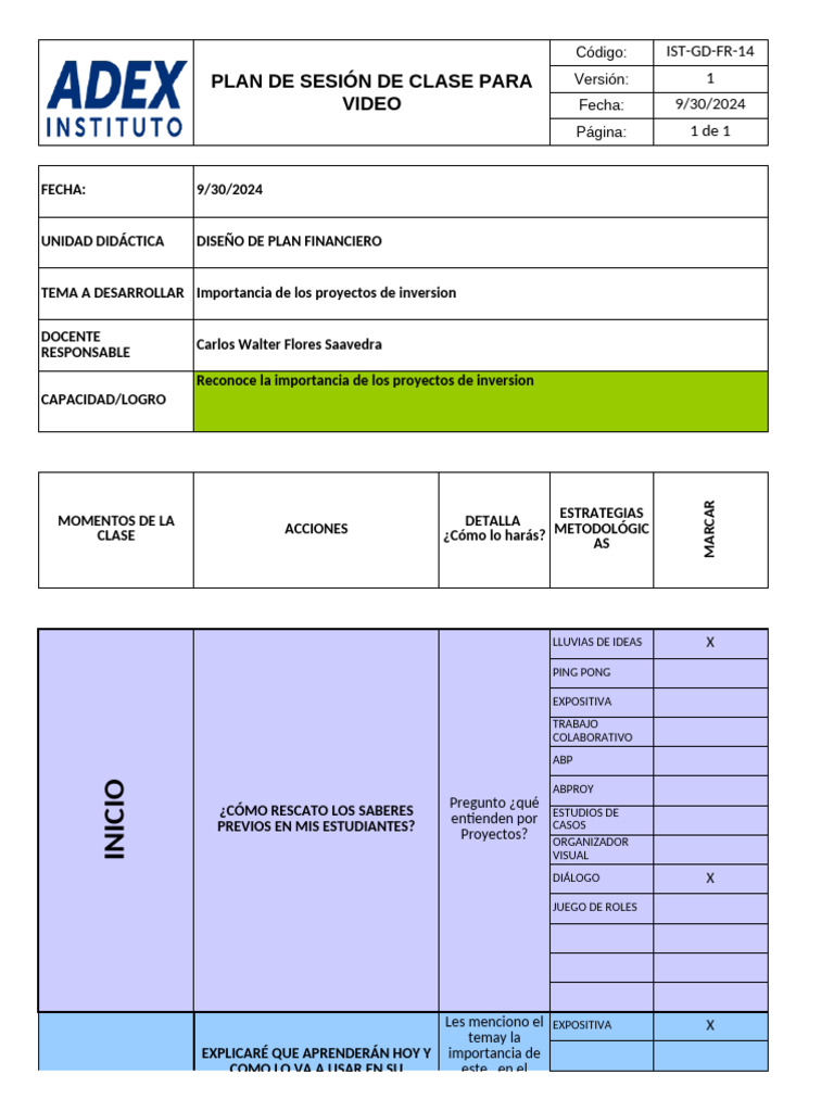 Plan de Clase- Semana Uno | PDF
