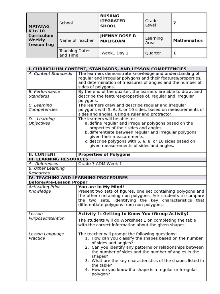 Lesson Plan-Math7-Q1-Week1 - Day1 | PDF | Learning | Teachers