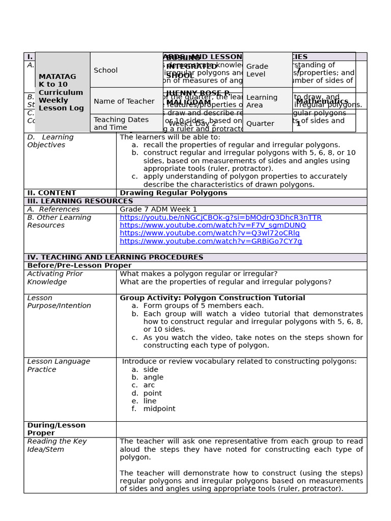Lesson Plan-Math7-Q1-Week1-Day2 | PDF | Learning | Human Communication