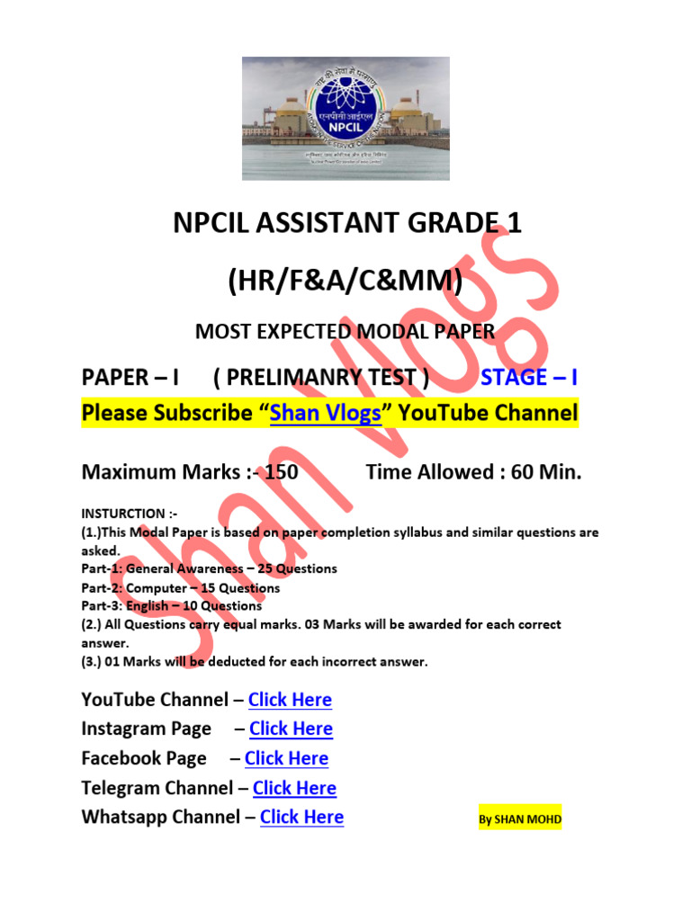 Npcil Assistant Grade 1 | PDF