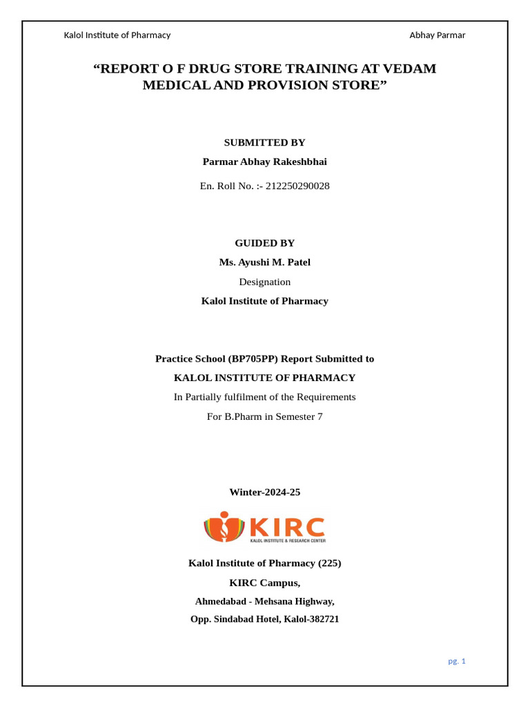 Drug Store Training Report at Vedam | PDF | Pharmacy | Medical Prescription