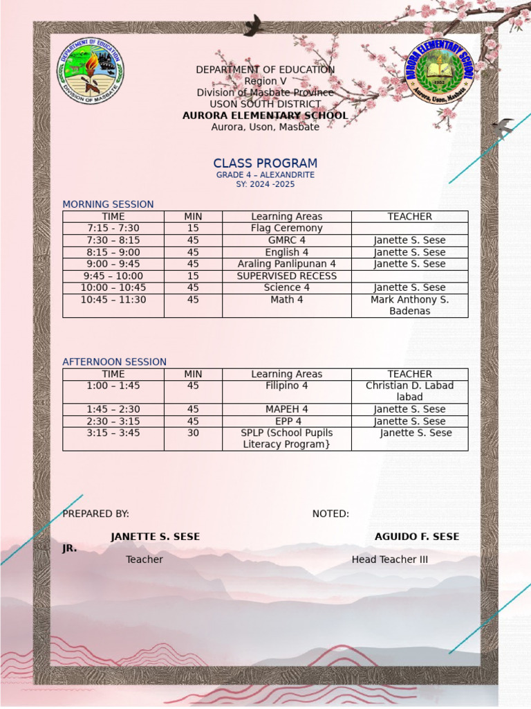 Class Program Grade 4 | PDF