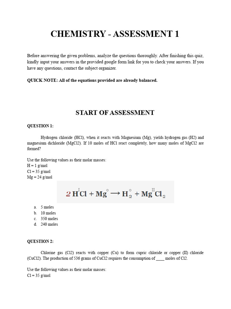 Chemistry - Assessment 1 | PDF | Mole (Unit) | Chlorine Chemistry - Assessment 1 | PDF | Mole (Unit) | Chlorine