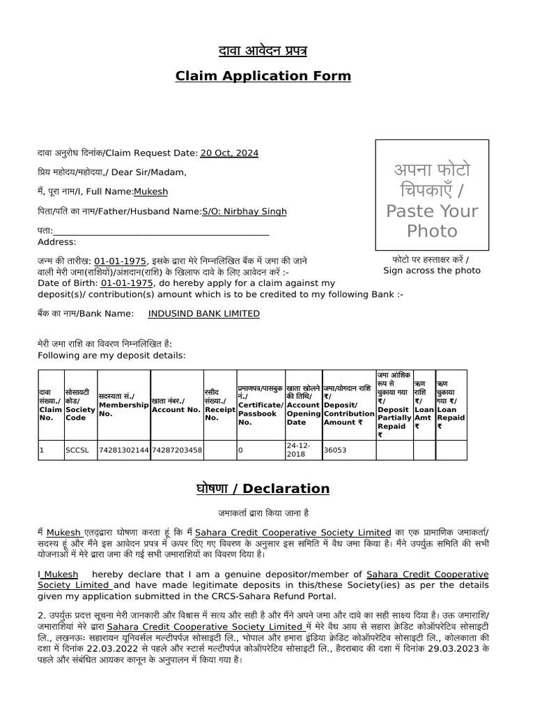 Paste Your Photo: Claim Application Form | PDF